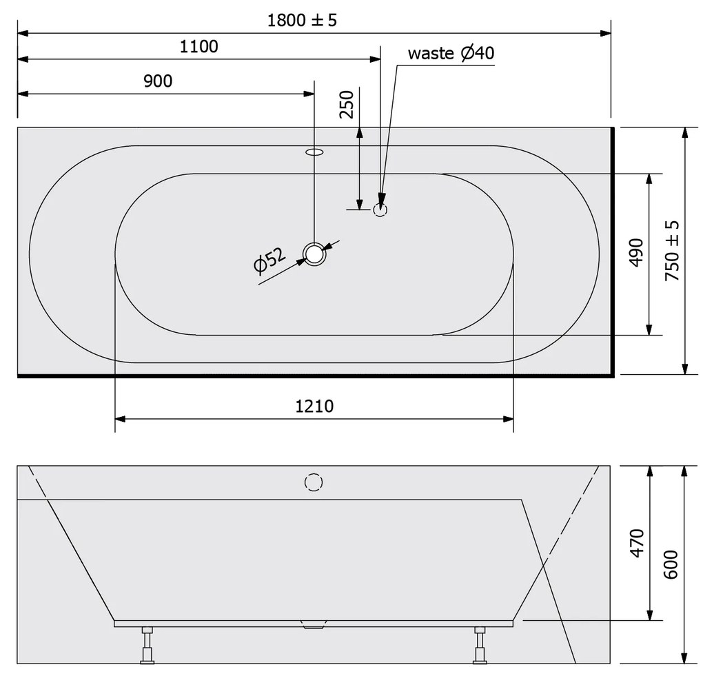 Polysan VIVA BL MONOLITH obdélníková vana 180x75x60cm, bílá, 71968ML