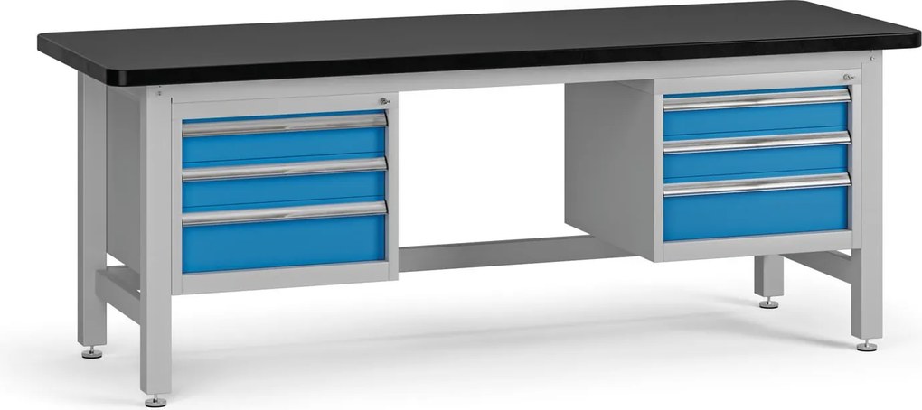 Profesionální dílenský stůl G4, 2x3 zásuvky, deska MDF + PVC, 2100 x 750 x 800 mm, modrá