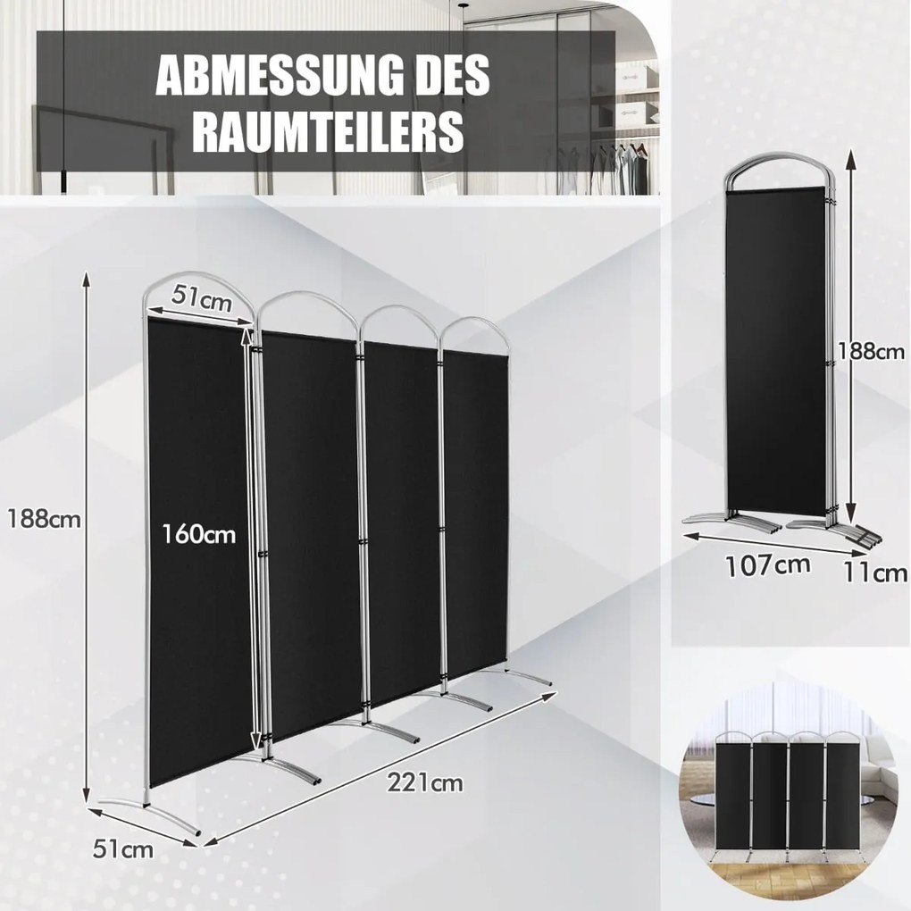 Costway Folding 4 Panel Room Diferd pro Home – 221 × 51 × 188 cm, černý