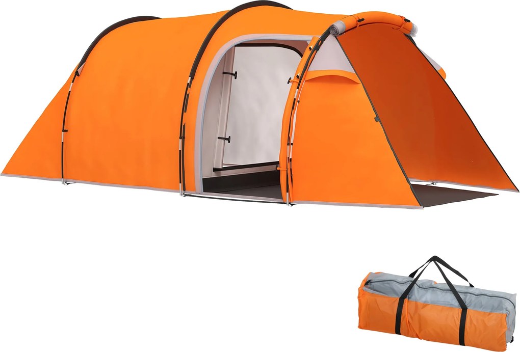 Outsunny tunelový stan pro 2–3 osoby, předsíňka a háček na lampu, voděodolnost 2000 mm, rodinný/střední stan na cestování, trekking, zahradu – oranžov