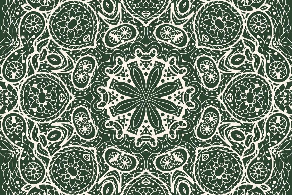 Tapeta bílá Mandala na zeleném pozadí - 375x250 cm