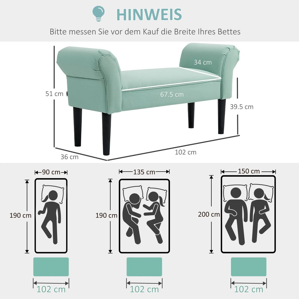 HOMCOM Lavička na postel, čalouněná lavička, sedací lavička, chodbičková lavička do ložnice, nosnost až 130 kg, plachtovina, zelená, 102 x 36 x 51 cm