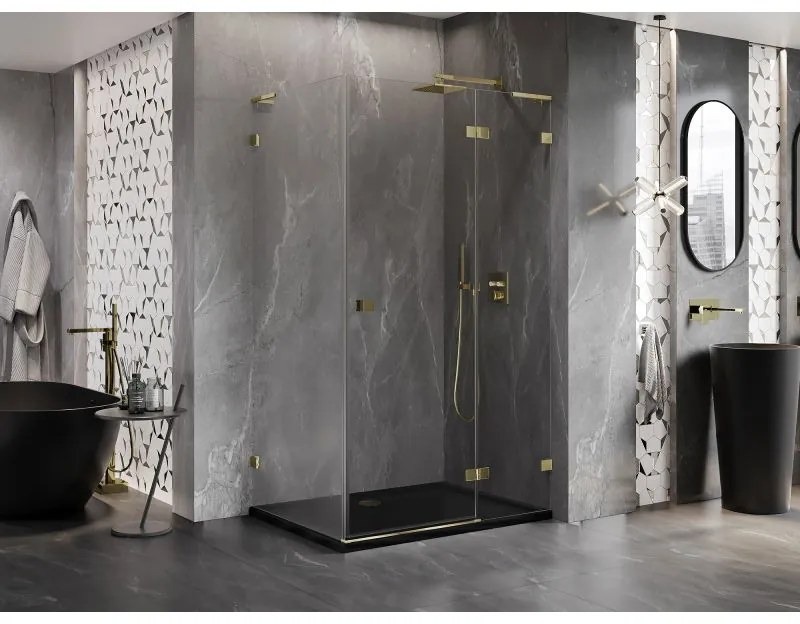 Mexen Lunar, L pravý výklopný sprchový kout 85 x 80 cm, 8mm čiré sklo, zlatý profil, 834L-085-080-50-00-P