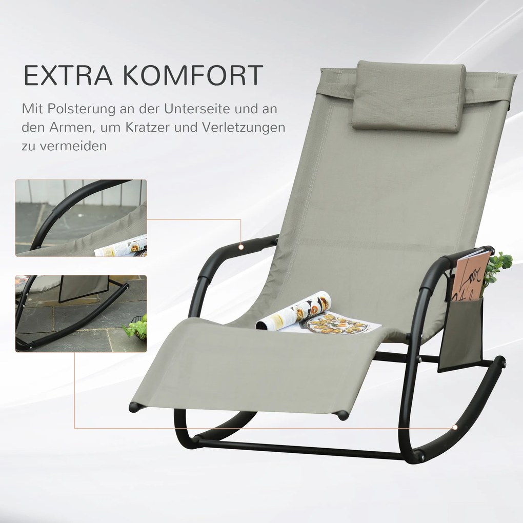 Ergonomické houpací křeslo Outsunny - odnímatelný polštářek, opěrky na ruce, úložný pocket - světle šedý kovový epoxidový textilene