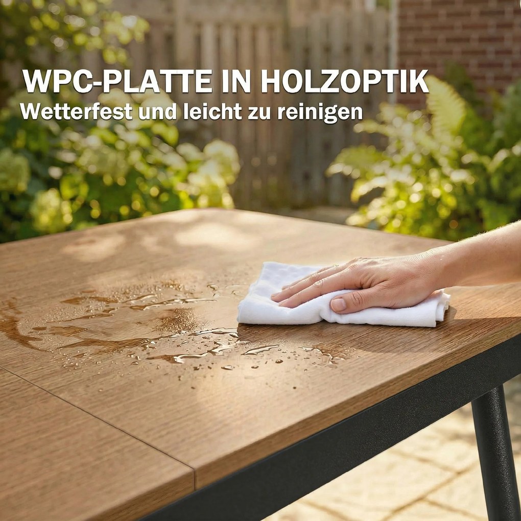 Zahradní stůl 140 x 80 cm pro 6 osob odolný proti korozi Venkovní jídelní stůl s WPC deskou Nastavitelné nohy, teakové dřevo