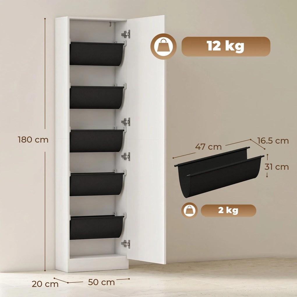 HOMCOM úzký úsporný botník s celozrcadlem, 5 textilních polic, otočné tlumené dveře, pojme 12 párů, 50 x 20 x 180 cm, bílý