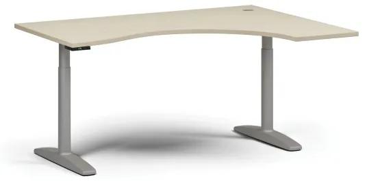 Výškově nastavitelný stůl OBOL, elektrický, 675-1325 mm, ergonomický pravý, deska 1600x1200 mm, šedá zaoblená podnož, bříza