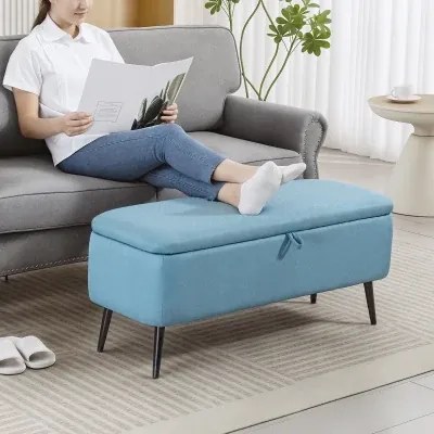HOMCOM úložná lavice se sklápěcím víkem a kovovými nohami do ložnice, obývacího pokoje, chodby 101 x 38,5 x 44,5 cm, světle modrá