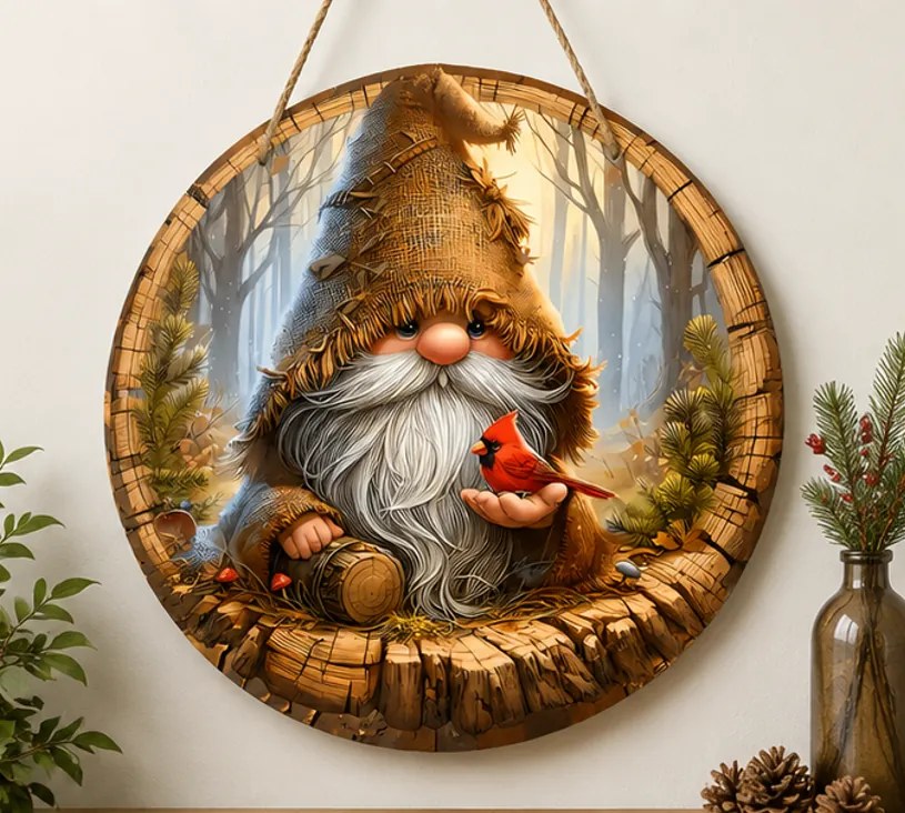 dekorace na zeď, dřevo, 20x20 cm, Boho styl s trpaslíkem, Dekorino DZ20260014