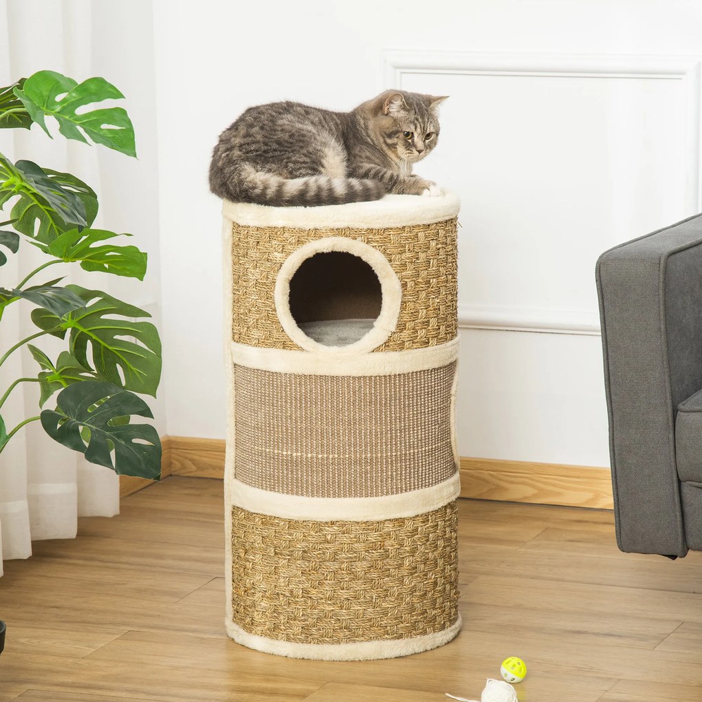 PawHut škrabadlo pro kočky 3 úrovně se sisalem a plyšem 37,5x37,5x70cm ideální pro milovníky koček