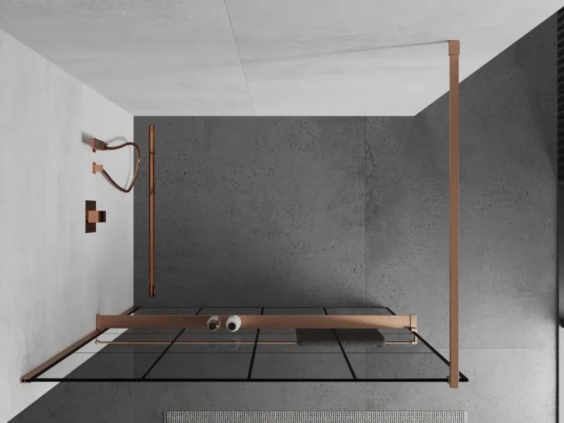 Mexen Kioto+, sprchová zástěna Walk-In s poličkou a věšákem 130 x 200 cm, 8mm čiré sklo černý vzor, měděný matný profil, 800-130-121-65-77