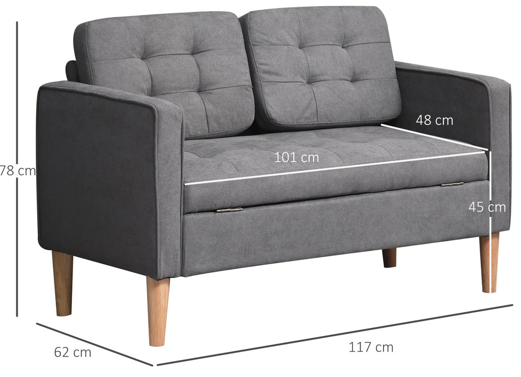 HOMCOM 2místná látková pohovka Dvoumístná pohovka s odnímatelnými polštáři z kaučukovníku a bavlny v šedé barvě 117x62x78 cm do obývacího pokoje