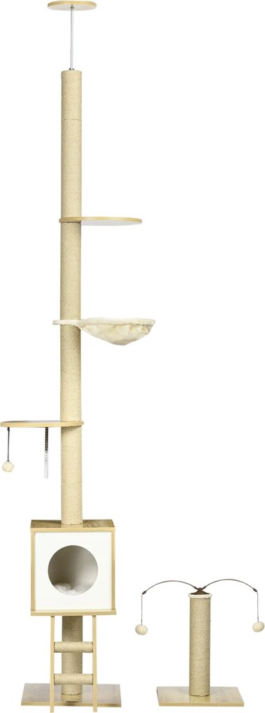PawHut Kočka od podlahy ke stropu 225-285 cm Malá Kočičí Strom s Nastavitelnými Výškovými Platfromami, Houpací Síť, Kondominium, Sisalový Sloup, Rampi