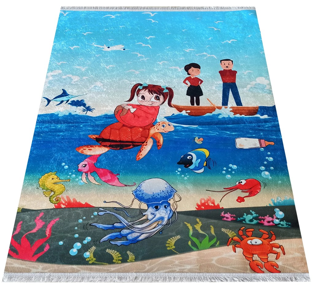 Dětský kusový koberec NEW BAMBINO 07 Pratelný Moře Chobotnice Ryby Děti modrý vícebarevný Rozměr: 120x180 cm