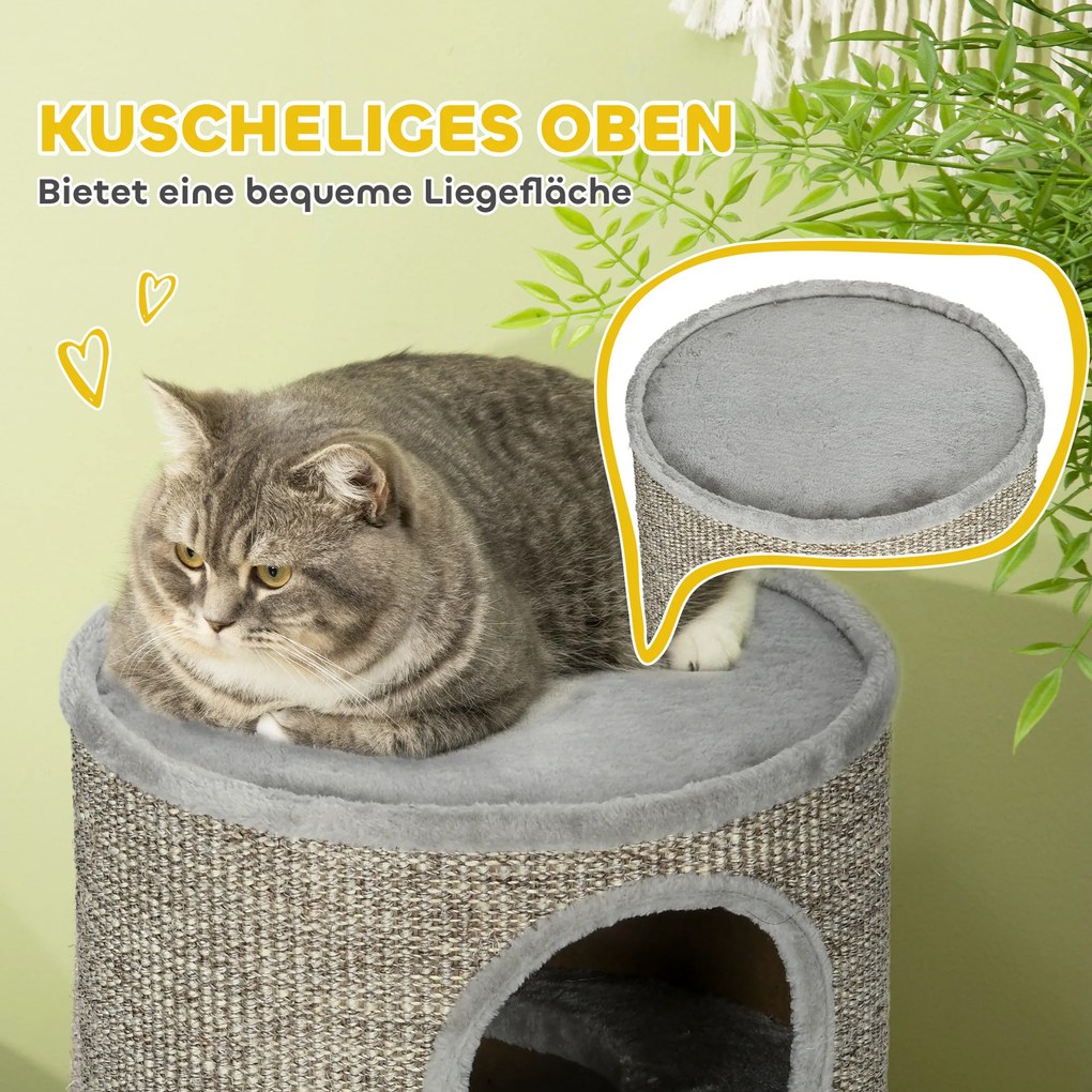 PawHut škrábací sud Hrací a škrábací sud pro kočky se 3 jeskyněmi ze sisalu a plyše Světle šedý Ø38x70cm pro aktivní hru a odpočinek | Aosom.de