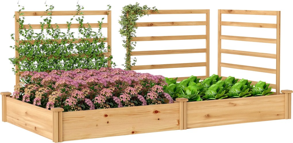Outsunny vyvýšený dřevěný truhlík s 3 mřížemi, dvojitý záhon a otevřené dno — 240 x 125 x 102 cm — přírodní borovice | Aosom
