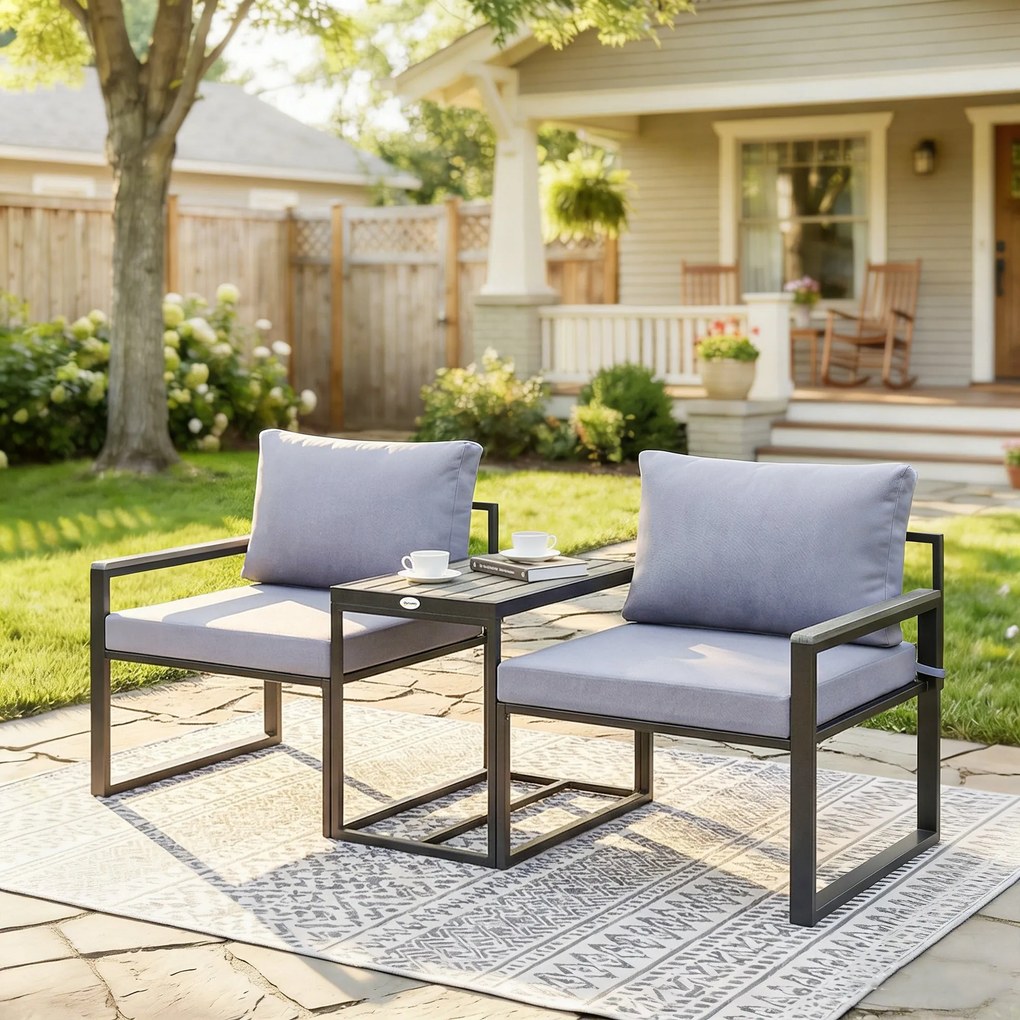 Outsunny 3dílný bistro set na balkon – 2 křesla a stolek, odnímatelné prodyšné polštáře, ocel, šedá