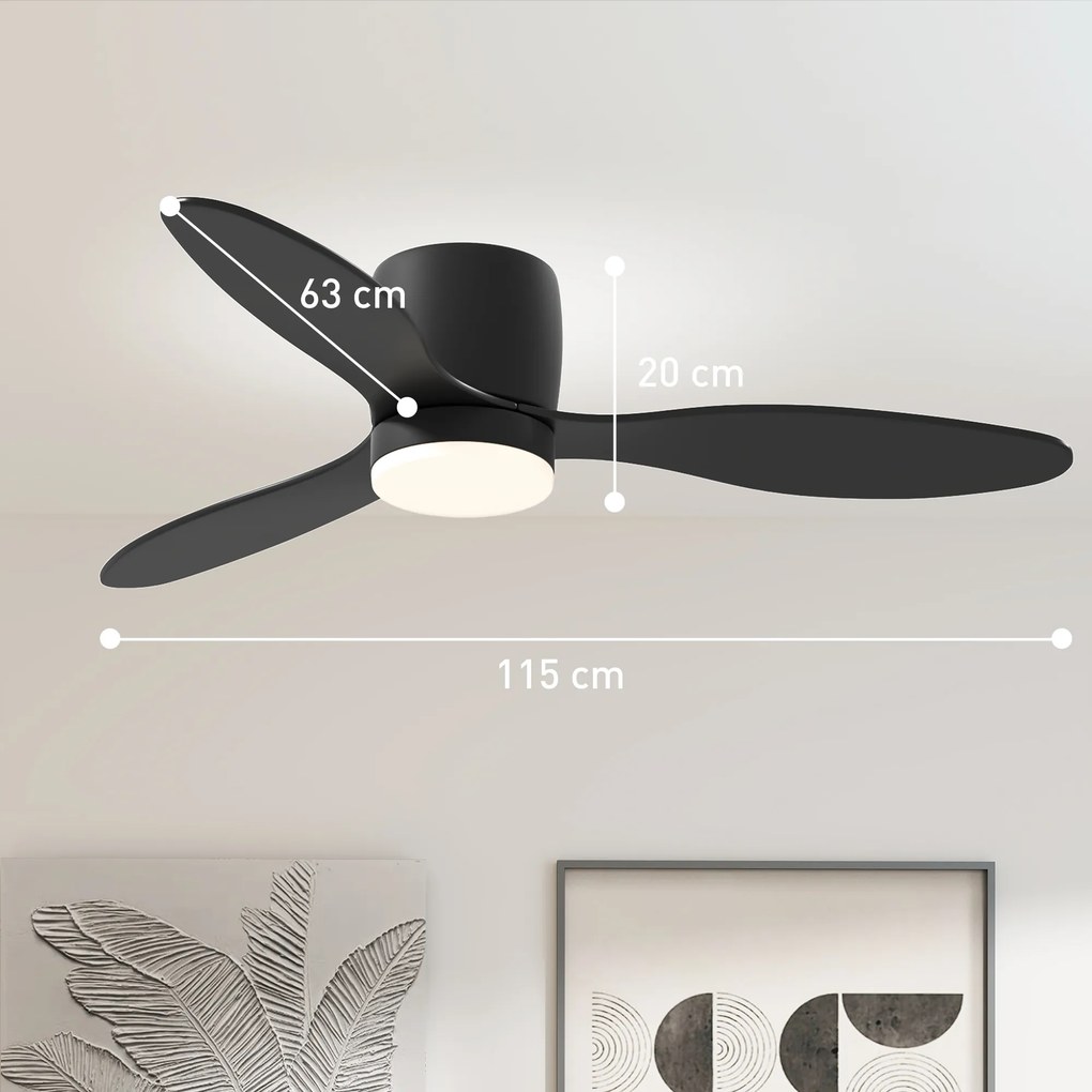 HOMCOM Stropní ventilátor s lampou a dálkovým ovládáním, 3 barvy světla, 6 rychlostí, nastavitelný jas, černý
