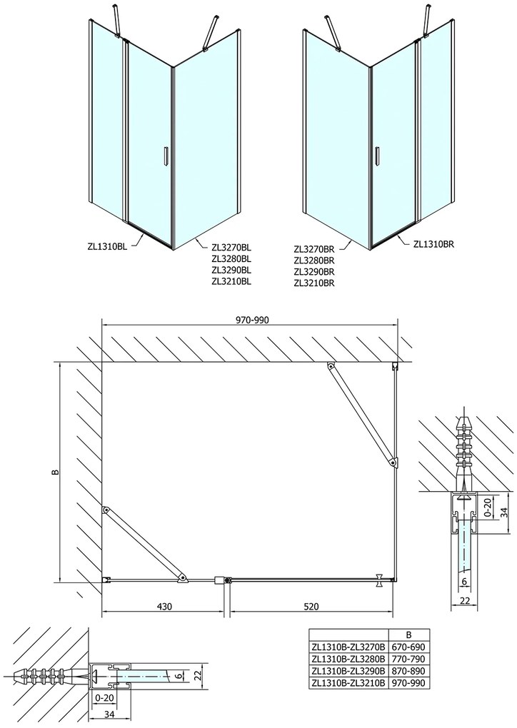 Polysan, Zoom Line Black čtvercová sprchová zástěna 1000x1000mm L/P varianta, ZL1310BZL3210B