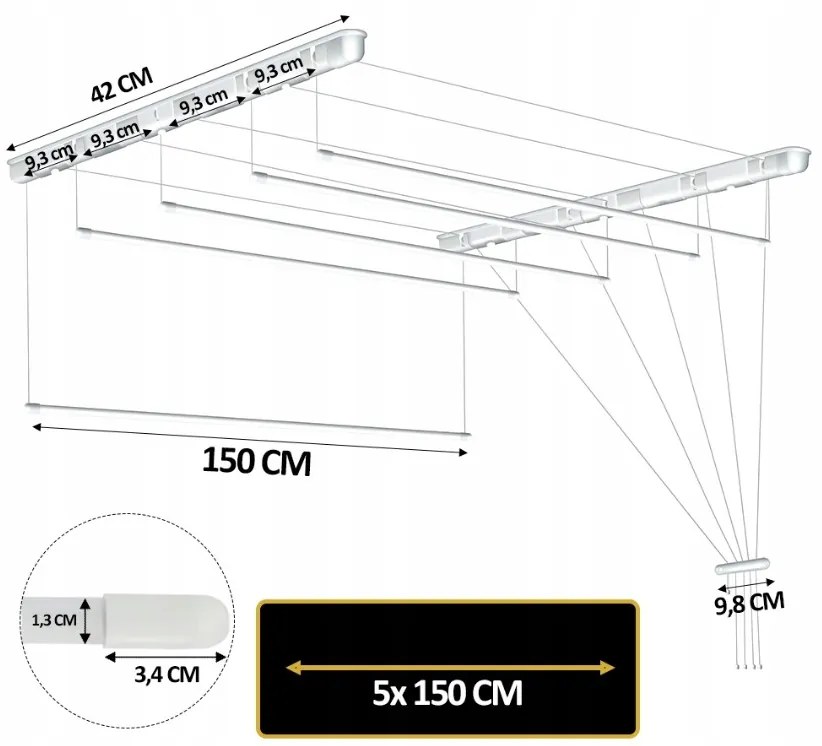 Erga Erga, stropní věšák na sušení prádla 5x150 cm, bílé, ERG-SEP-10SUSSUF5PP15
