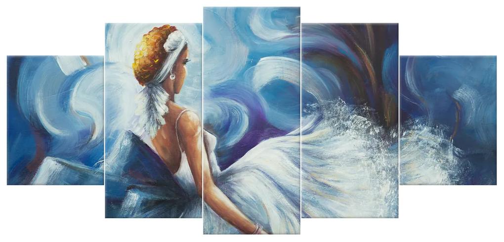 Gario Ručně malovaný obraz Modrá dáma během tance - 5 dílný Rozměry: 150 x 70 cm