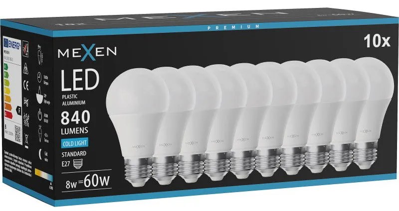Mexen Nova 10x Žárovka LED E27, A60, 8W, Studená - 6500K, 840 lm - L100-E27-0865-01x10