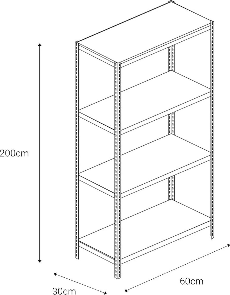 Bezšroubové kovové regál 200x60x30cm L profil, 4 police
