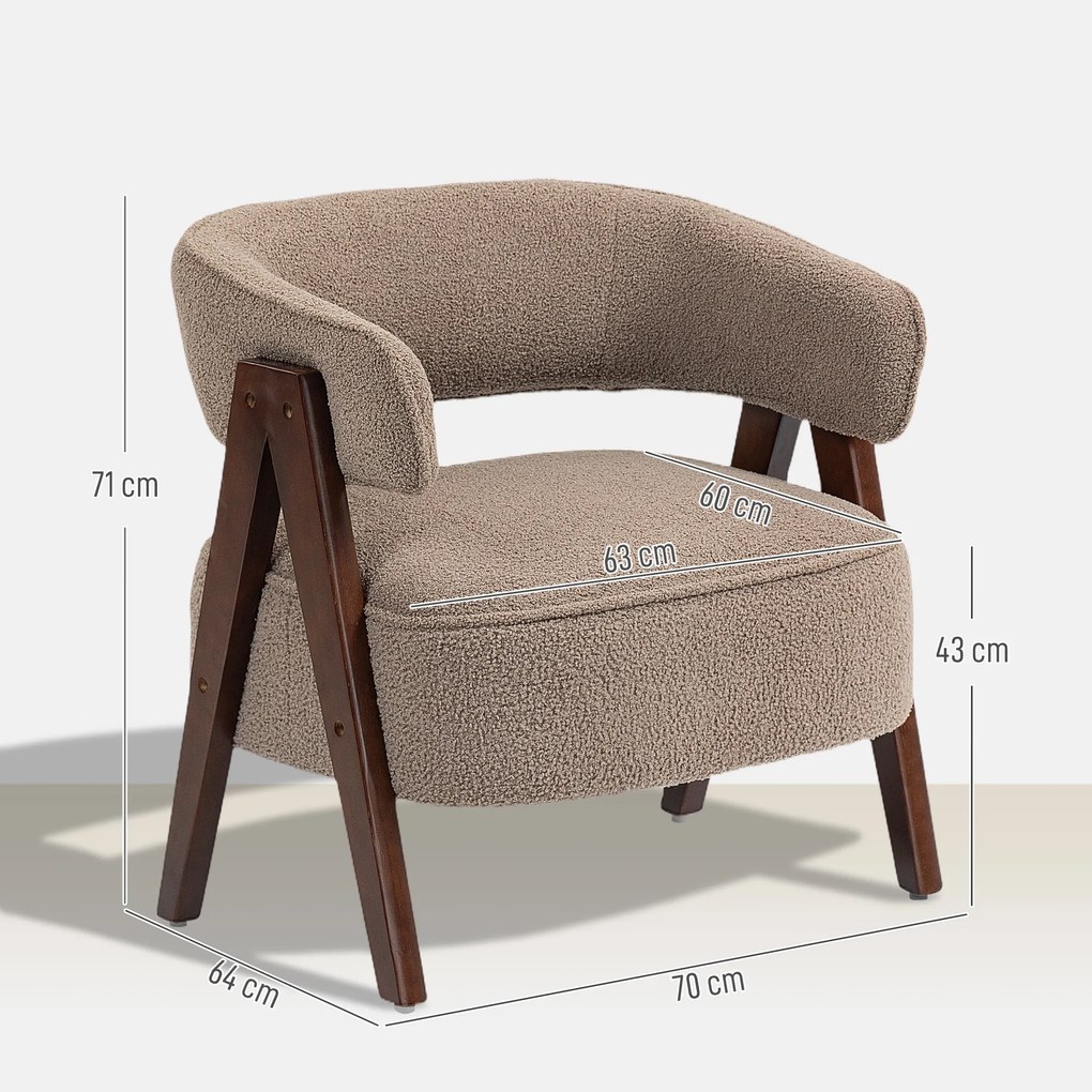 HOMCOM obývací křeslo z bouclé látky, čalouněné křeslo, prostorné sedadlo, ergonomické opěradlo, 70 x 64 x 71 cm, hnědá
