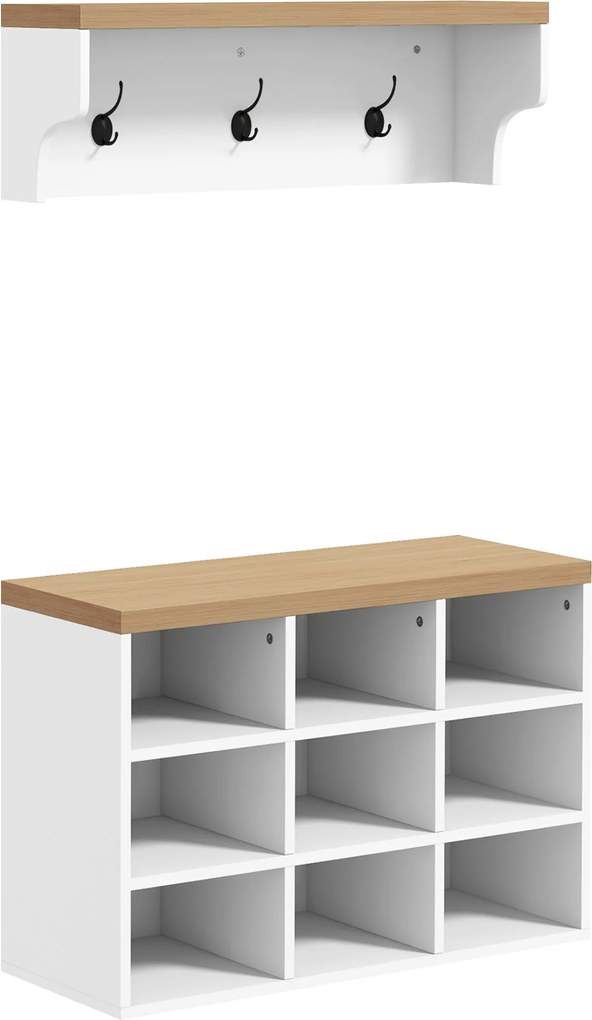 HOMCOM Stojan na kabáty a botník 2 v 1 - Vstupní nábytek se 3 háčky a policemi pro 9 párů bot 75x30x50 cm a 75x20x22,5 cm Bílý | Aosom