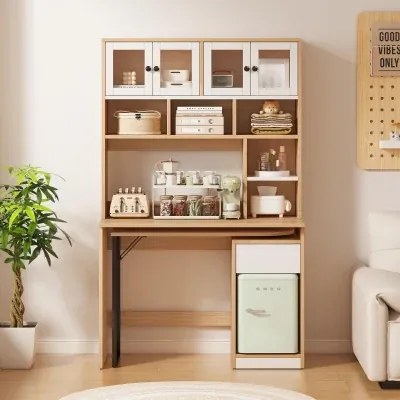 Aosom Počítačový stůl 110x55 cm s vysokou skříní, kompaktní psací stůl s úložným prostorem, otočný, přírodní barva+bílá