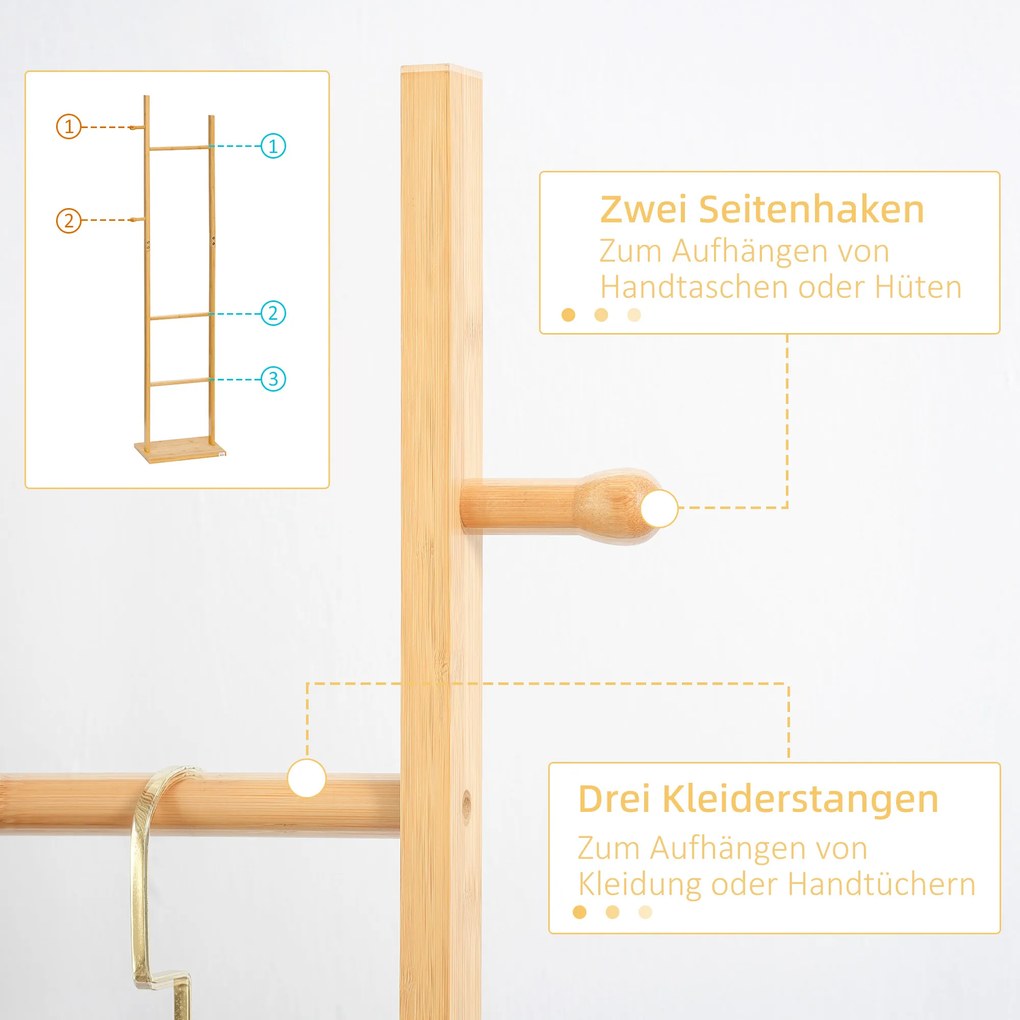 HOMCOM Věšák na kabáty Věšák se 2 háčky a 3 tyčemi na klobouky a oblečení 36x24x168 cm z přírodního bambusu do předsíní a vchodů | Aosom.de