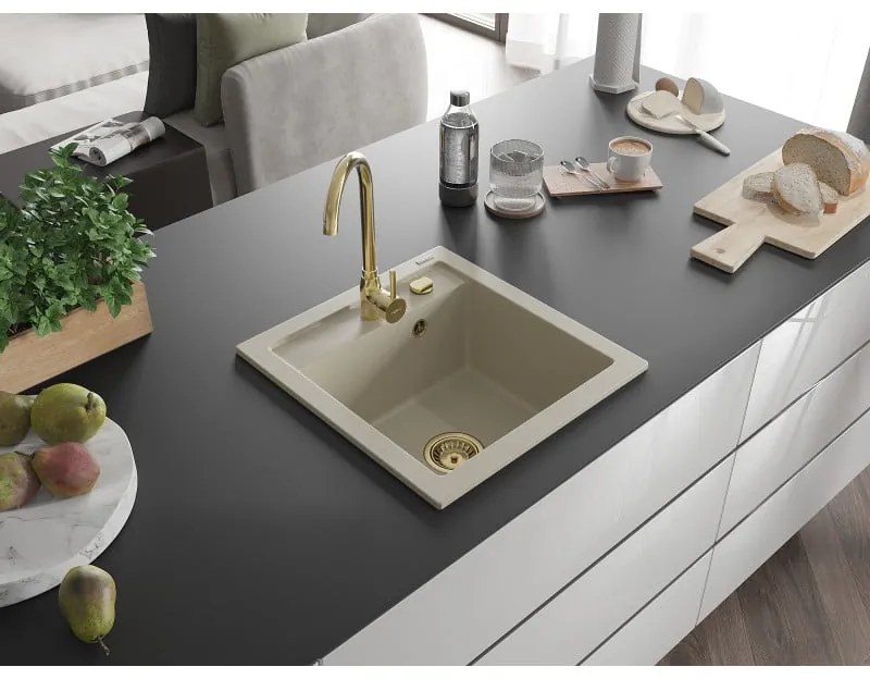 Mexen Vito, 1-komorový granitový dřez 520x490x210 mm, zlatá baterie Telma, béžová, 6503-69-670200-50