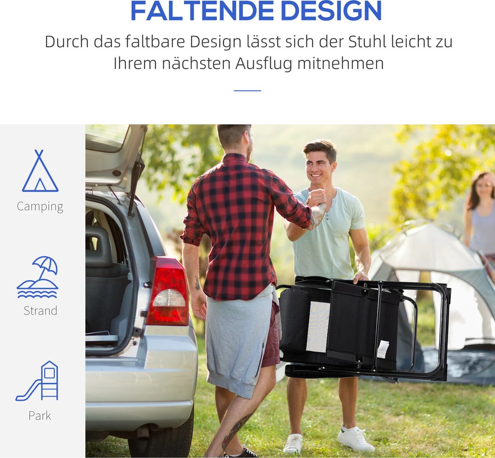 Outsunny Sada 2 skládacích židlí, skládací lehátko, odolné proti povětrnostním vlivům, 5 poloh nastavitelného opěradla, kovový rám, černá barva