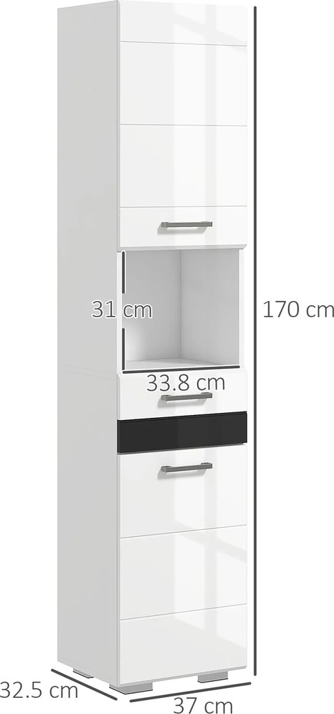 Kleankin sloupec pro úsporu místa do koupelny z MDF, koupelnová skříň s otevřenou policí, zásuvkou a uzavřenou skříňkou, 37x32,5x170 cm, leskle bílá
