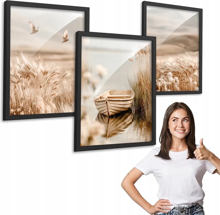 Sada 3 obrazů vzor Boho Loďka Jezero černý rámeček 50x70 plexi triptych