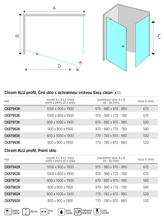 Mereo Lima sprchový kout obdélník 80x100x190 cm sklo Čiré ALU chrom CK87983K