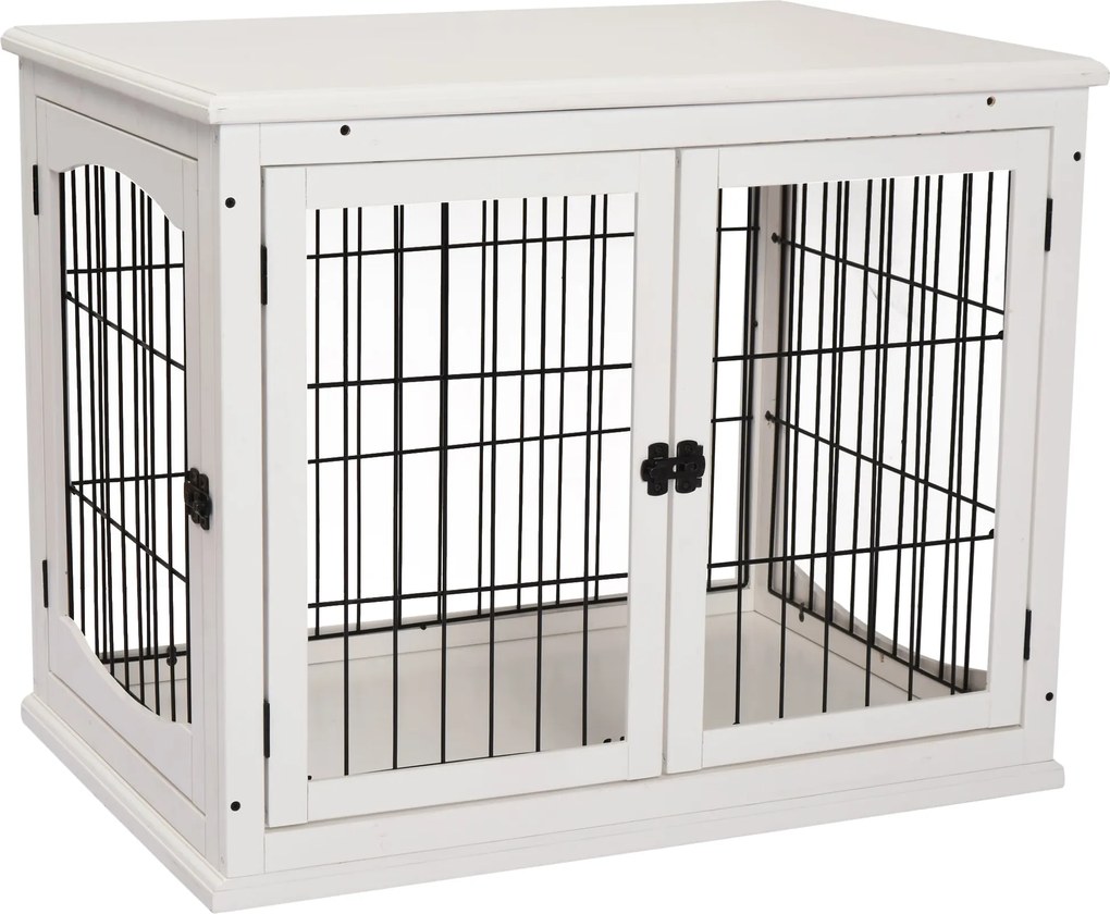 PawHut Psí Klec do Domácnosti, Psí Dům se 2 Vchody, Zámek, Psí Dům pro Malé Psy, Bílá, 58,5 x 81 x 66 cm | Aosom