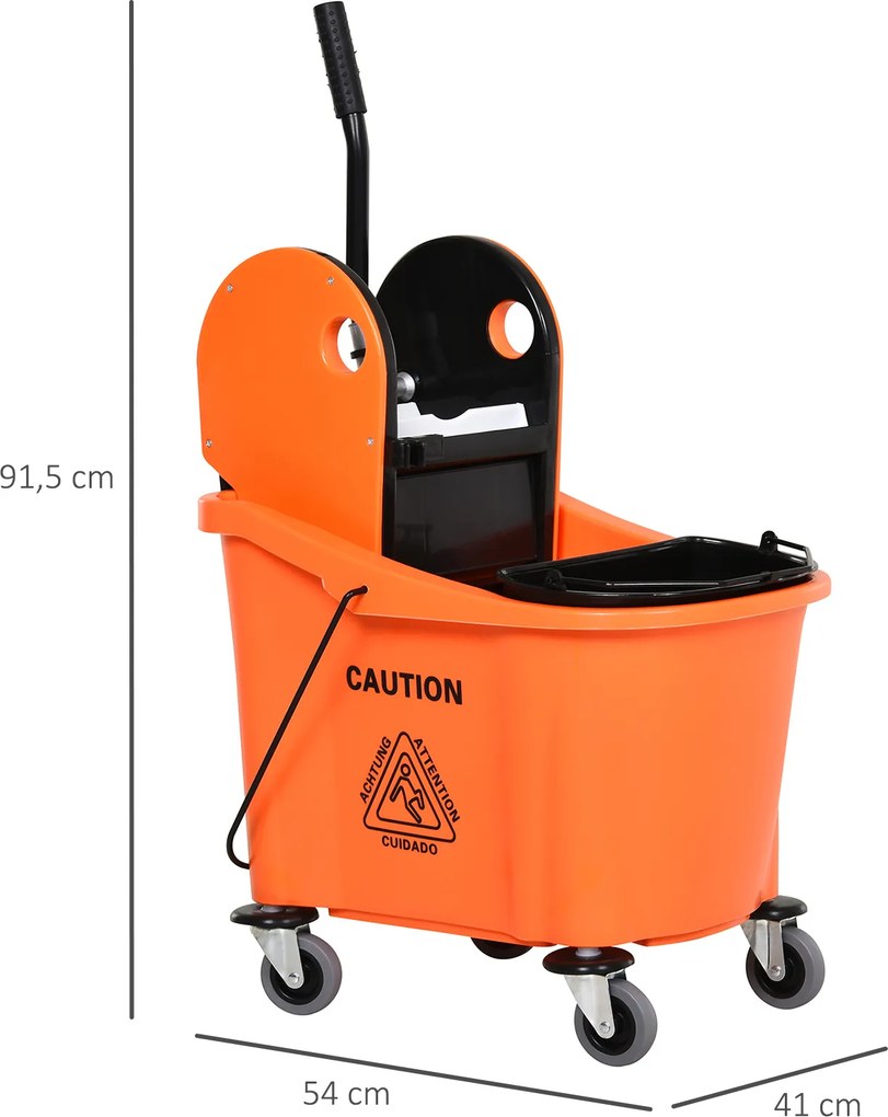 HOMCOM Úklidový vozík s košem na kolečkách a ždímačkou 36 l černý/oranžový 54x41x91,5 cm pro profesionální úklid