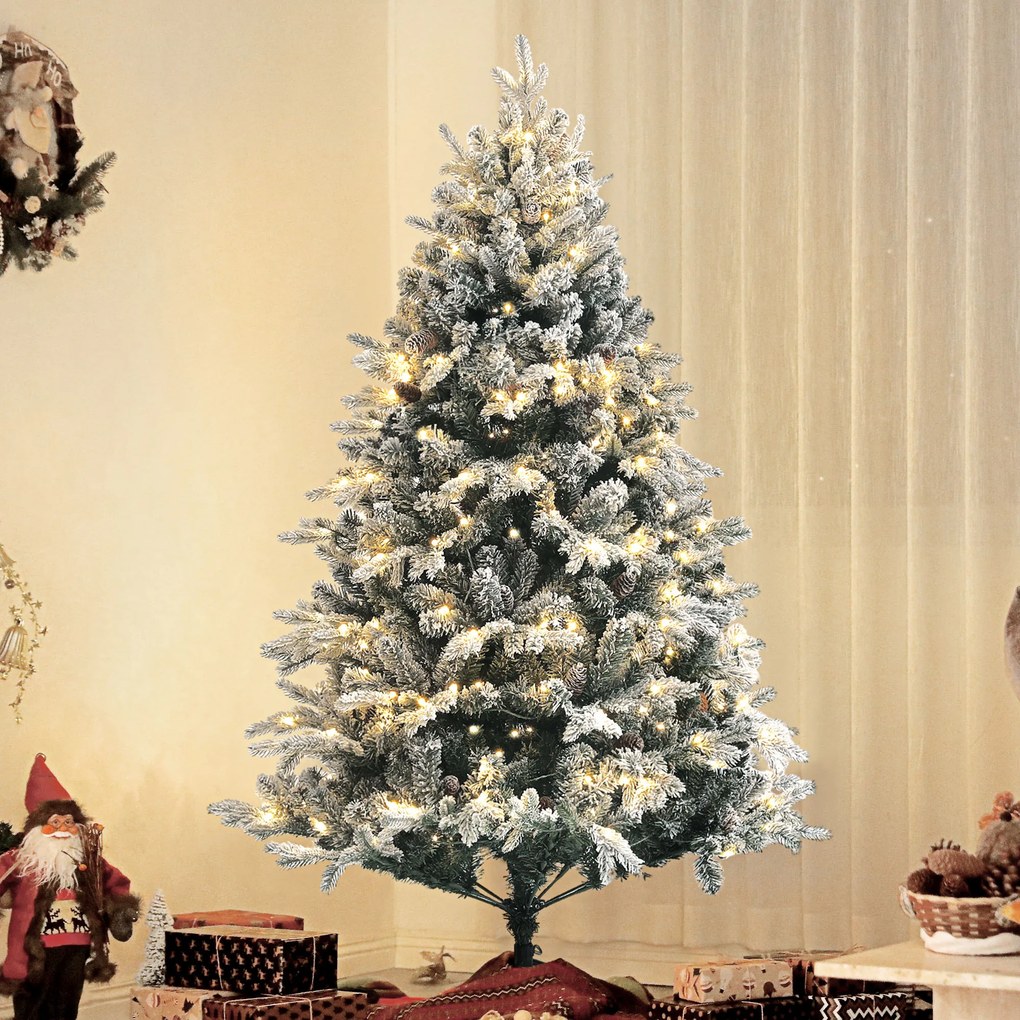 HOMCOM Umělý vánoční stromek, 180 cm, LED světla, pokrytý sněhem, nehořlavý, kov