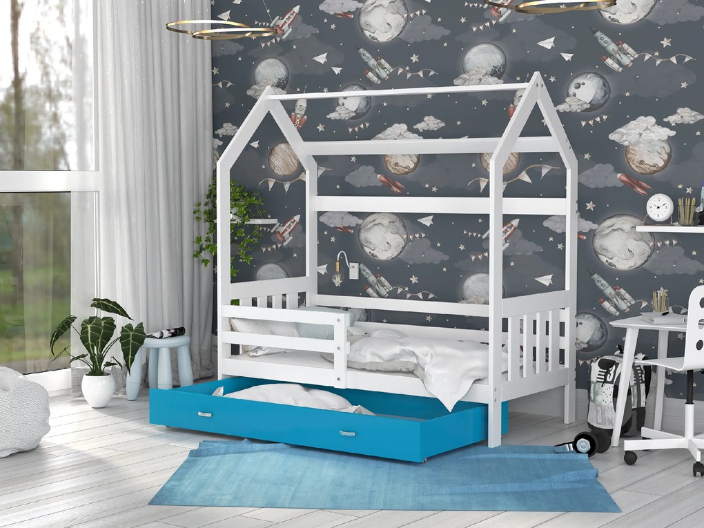BabyBeds Dětská postel domeček se zábranou a úložným prostorem bílá Velikost postele: 190x80 cm, Barva šuplíku: Růžová