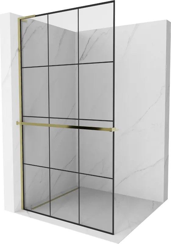 Mexen Kioto+ L, sprchová zástěna Walk-In s poličkou a věšákem 110 x 200 cm, 8mm čiré sklo černý vzor, ​​zlatý lesklý profil, 800-110-123-50-77