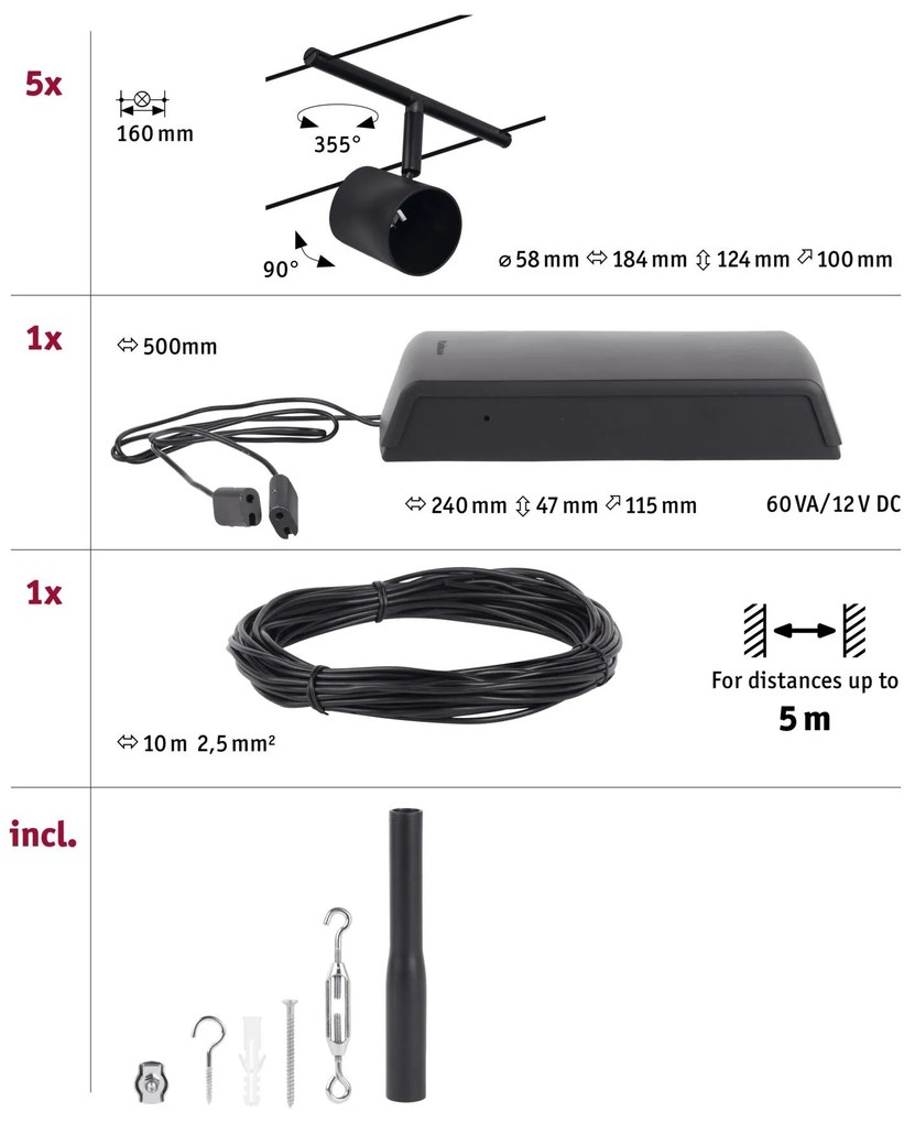 Paulmann 94469 CorDuo Cup Basic, černý lankový systém, 5x max 10W LED 12V, 500cm