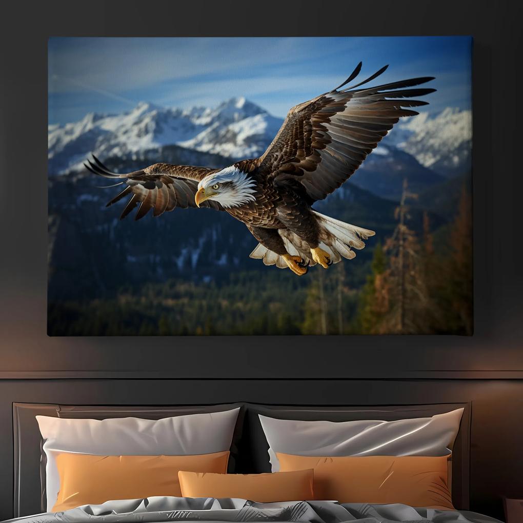 Obraz na plátně - Orel bělohlavý letí v horách FeelHappy.cz Velikost obrazu: 120 x 80 cm