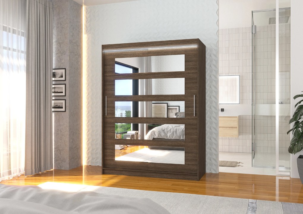 ADRK Furniture Posuvná skříň se zrcadlem a LED osvětlením MURANI 150 SW-MUR-CH-150+L-V145