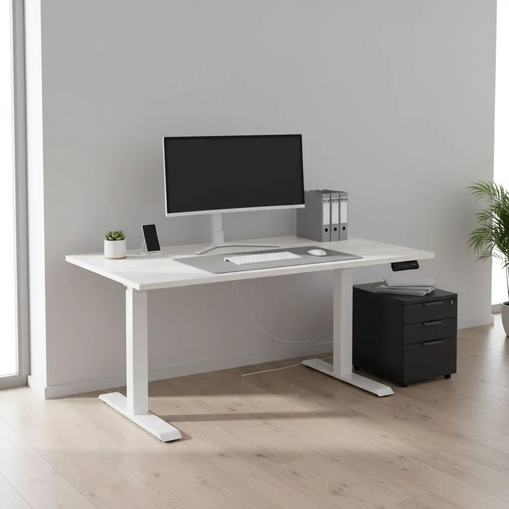 Výškově nastavitelný stůl OfficeTech D, 140 x 80 cm, bílá podnož, bílý jasan