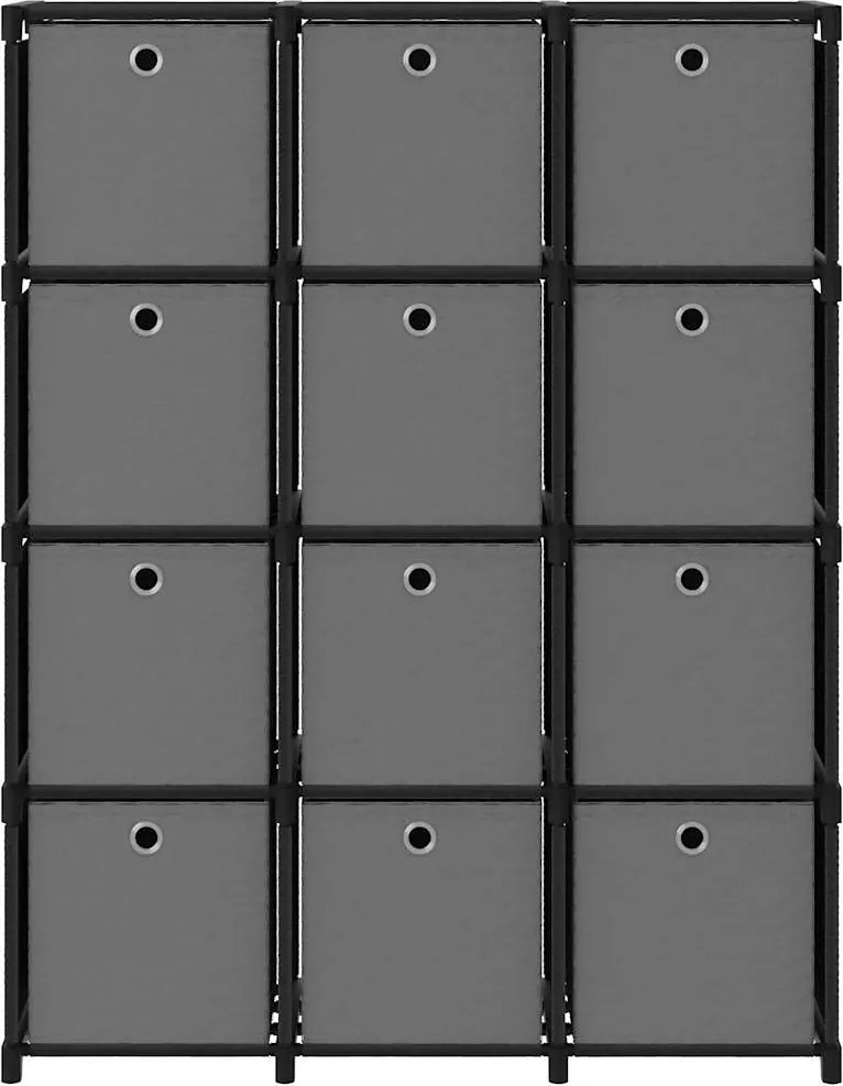 Výstavní police 12 přihrádek s boxy černé 103x30x141 cm textil 322615