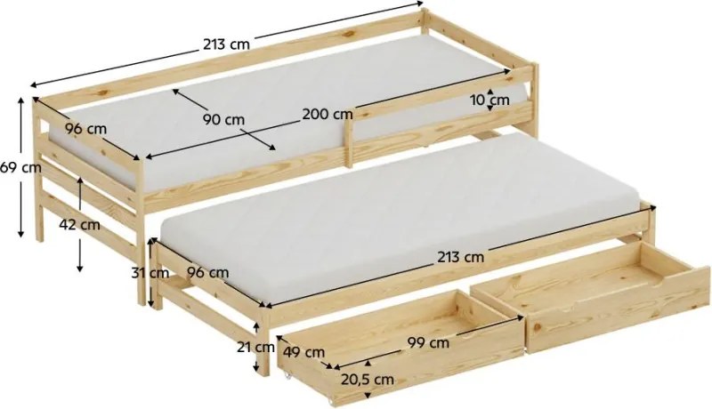 Postel s přistýlkou a úložným prostorem, 90x200, přírodní, ELARA Kondela 0000412691