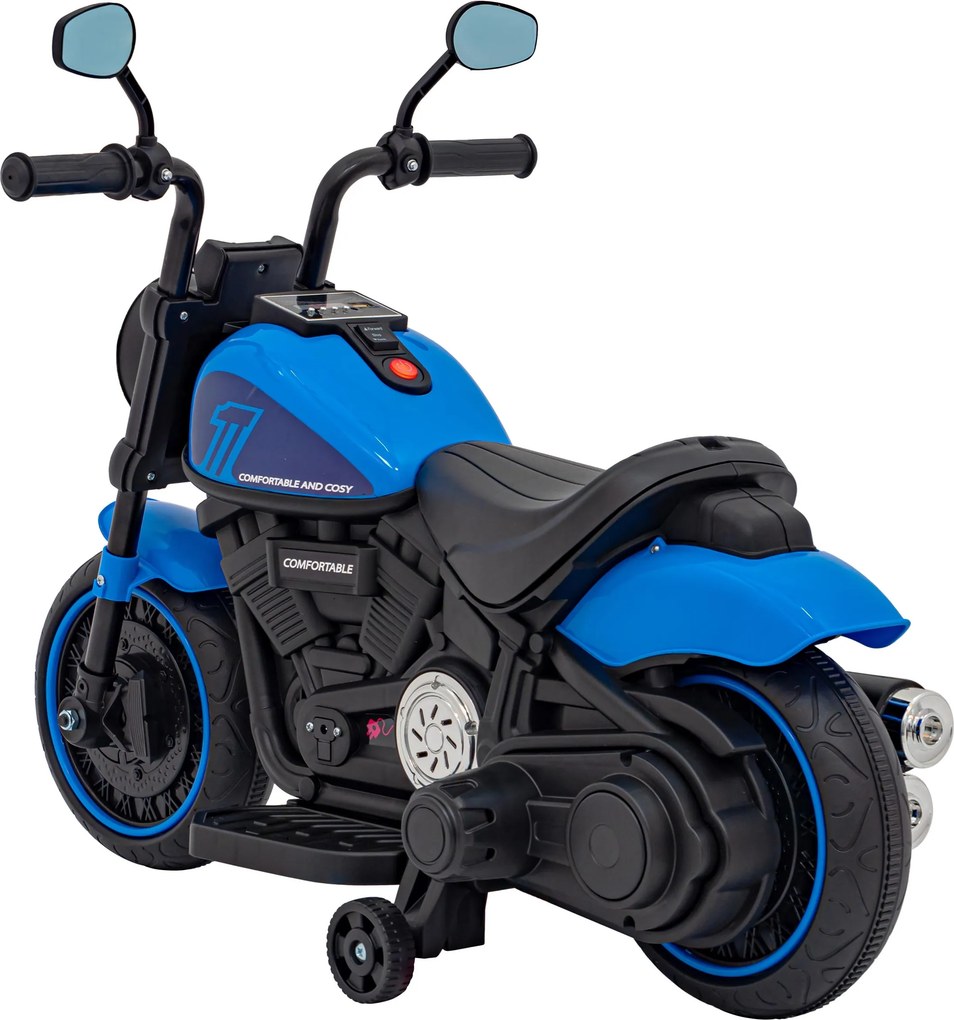 Ramiz Elektrická motorka Chopper FASTER na baterie pro děti modrá + FM rádio + audio panel + LED