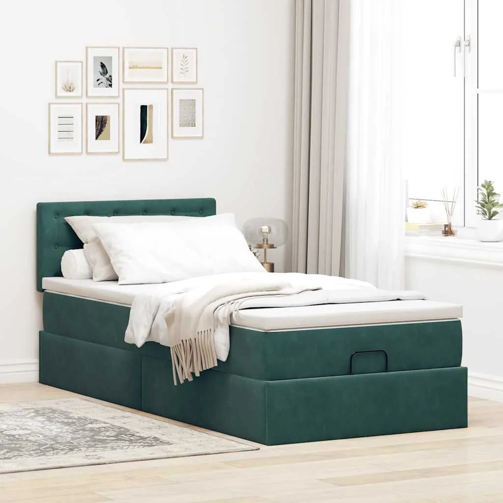Osmanská postel s matrací & LED tmavě zelená 90x200cm samet 3312743