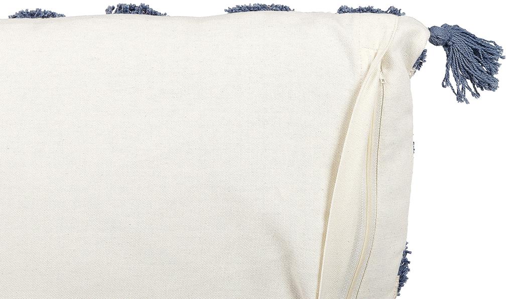 Sada 2 tkaných bavlněných polštářů s geometrickým vzorem a střapci 45 x 45 cm béžové/modré JACARANDA Beliani